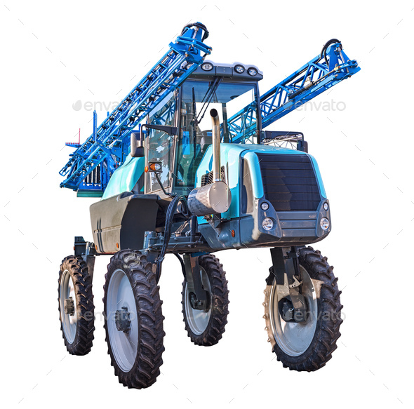 Self propelled sprayer, chemical applicator isolated over white, with ...