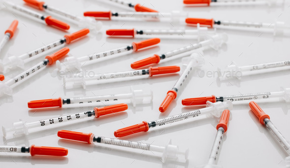 The war against drug abuse. Closeup shot of needles in an empty studio ...