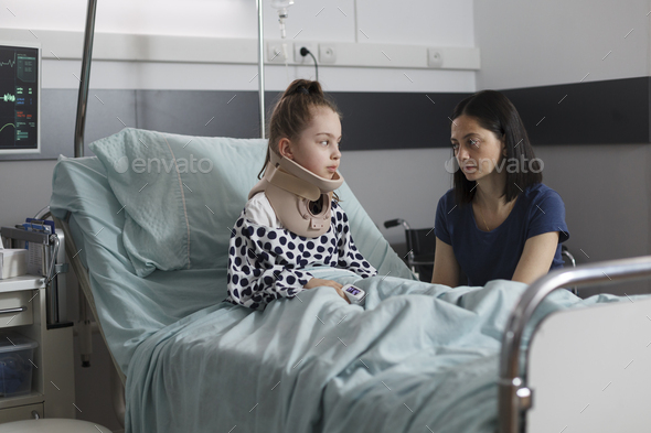 Recovering hospitalized little girl resting in recovery pediatric ...