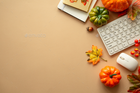 Autumn office workspace. Autumn flat lay background. Stock Photo by Nadianb