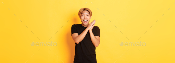 Portrait of happy and surprised asian man clap hands and smiling ...