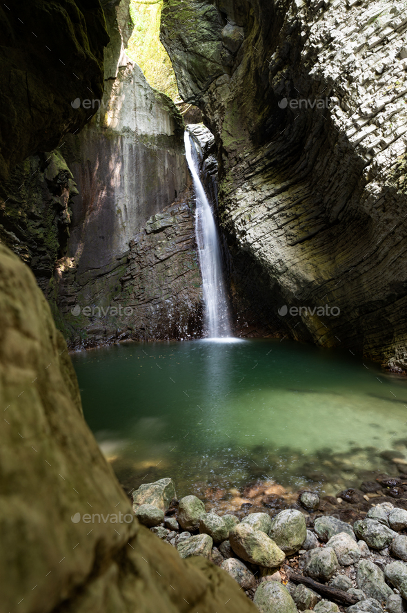 Beautiful kozjak waterfall in slovenia, europe falling down the high ...