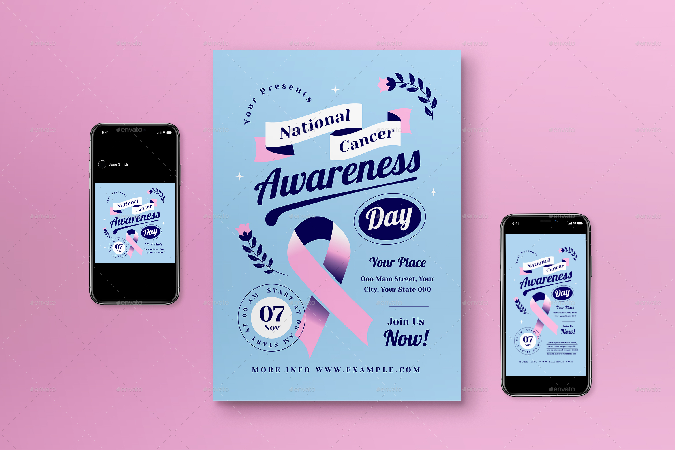 Blue Gradient Flat Design National Cancer Awareness Day Flyer Set ...