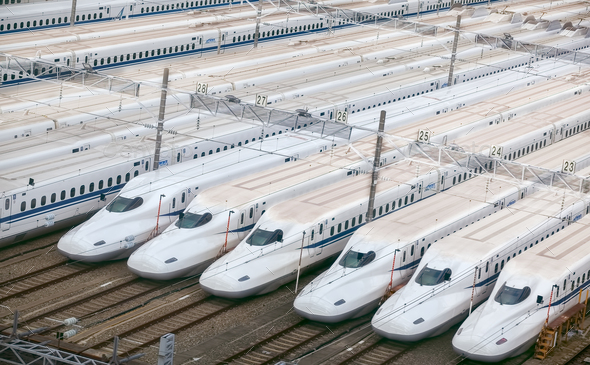 Shinkansen Bullet Trains lined up, Osaka, Japan Stock Photo by ...