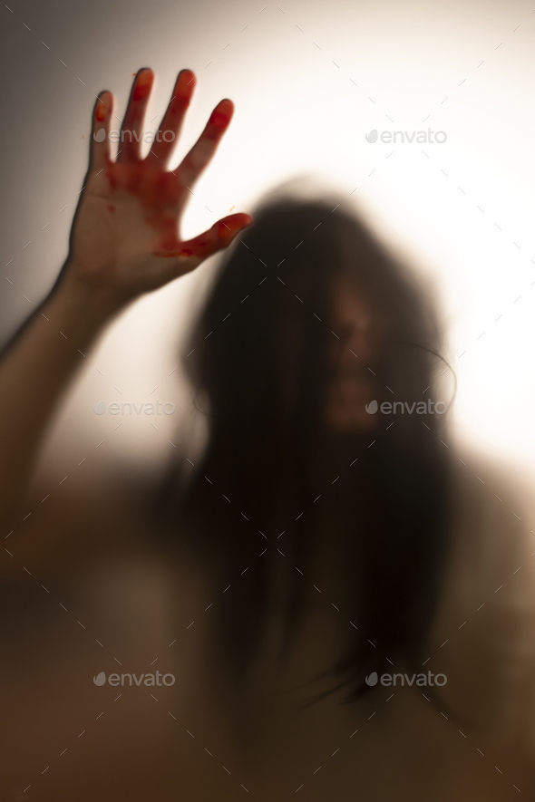 Shadowy figure behind glass - horror background Stock Photo by erika8213