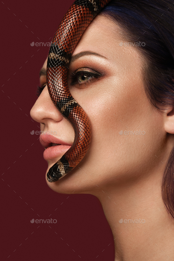 Beautiful girl brunette model with evening fashion make-up with a snake ...