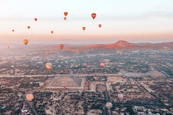 Aerial view at Maya Pyramid of the Sun and Moon at Teotihuacan, Mexico ...