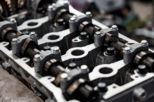 Disassembled car engine block at car service station Stock Photo by ...
