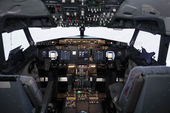 No people in empty plane cockpit with electronic dashboard Stock Photo ...