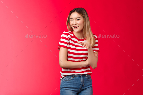 Glamour cute silly asian blond girl giggling girlfriends, smiling white ...