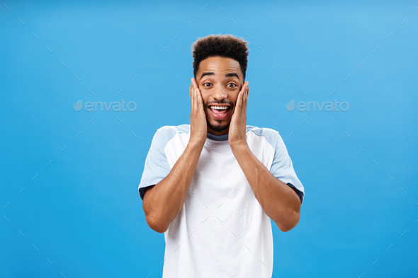 Guy being so delighted and surprised loosing speech. Portrait of ...