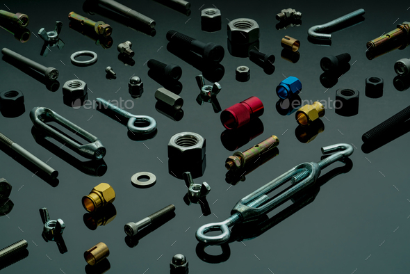 Metal bolts, nuts, and washers. Fasteners equipment. Hardware tools ...