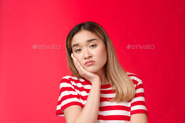 Close-up tired girl express apathy boredom, sighing reluctant look ...