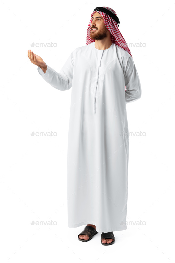 Young Arab man pointing hand isolated on white background Stock Photo ...