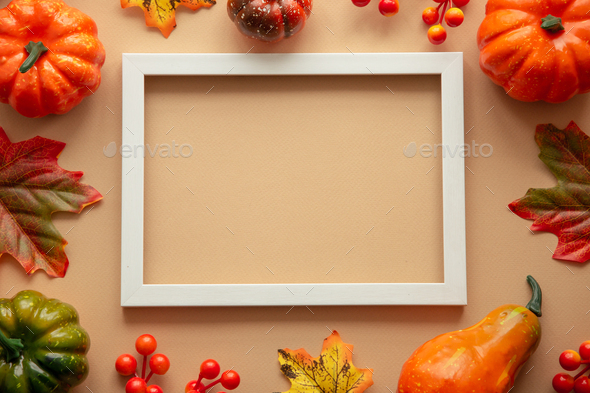 Fall autumn flat lay background. Pumpkins and fall leaves. Stock Photo ...