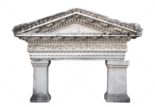 ancient architectural temple frontispiece with stone archway with ...