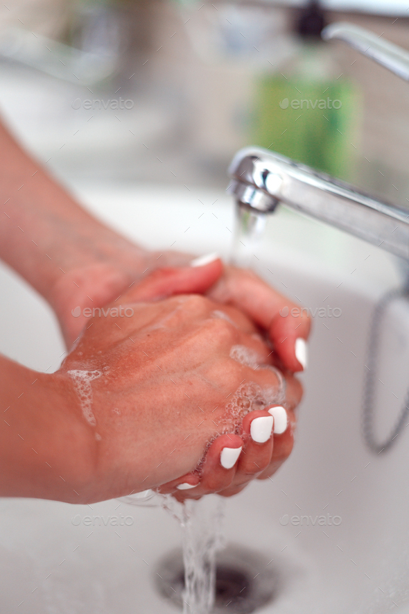 cute woman hands washing in bathroom, real people, hygiene concept ...