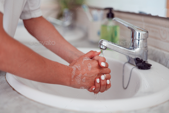 cute woman hands washing in bathroom, real people, hygiene concept ...