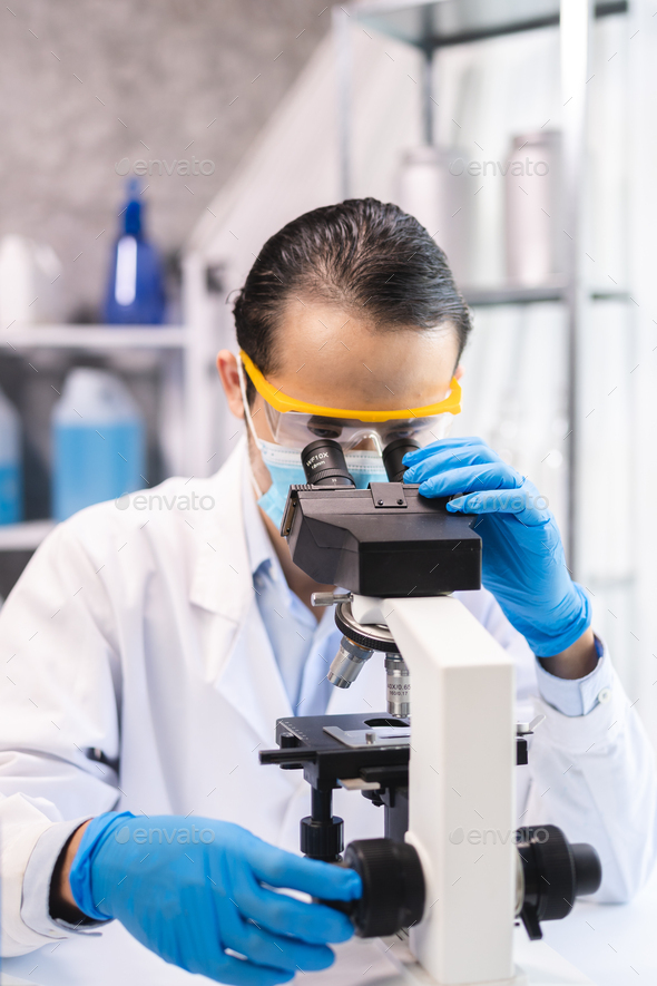 professional research scientist concentration using microscope in ...