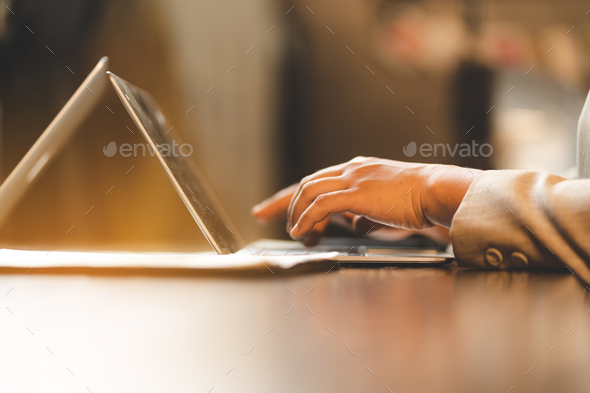 professional business person typing on computer laptop desk at office ...