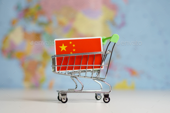 China national flag in miniature shopping trolley cart. Shopping online ...