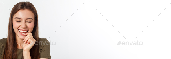 Portrait joyful outgoing woman likes laugh out loud not hiding emotions ...