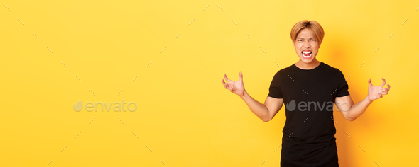 Portrait of outraged, pissed-off asian man shaking hands hateful and ...