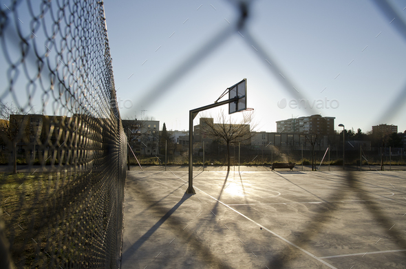 Basketball court net before a match, sport concept Stock Photo by pedrulito