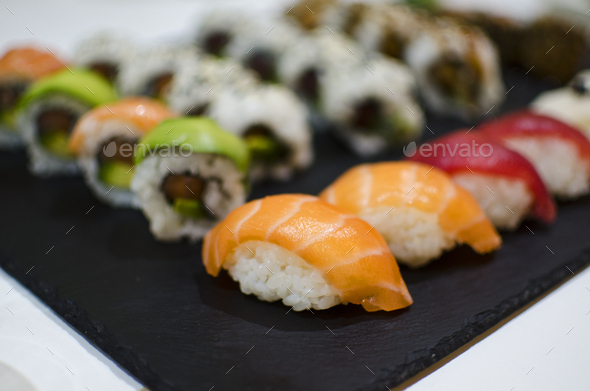 Japanese typical food with fresh fish and rice Stock Photo by pedrulito