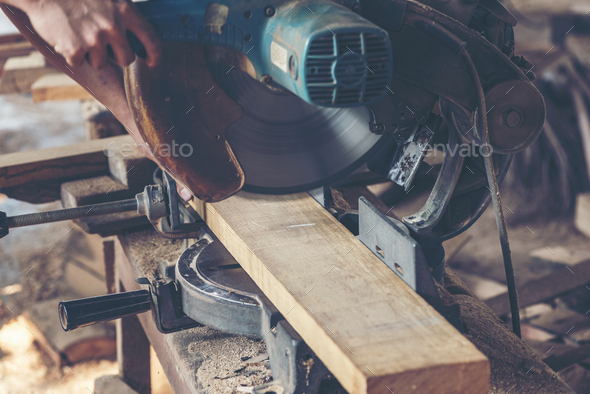 woodworking workshop of carpenters work table with different tools and ...