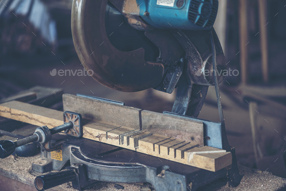 woodworking workshop of carpenters work table with different tools and ...