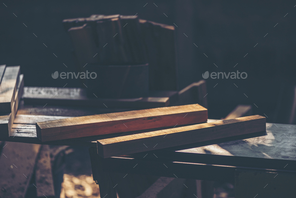 woodworking workshop of carpenters work table with different tools and ...