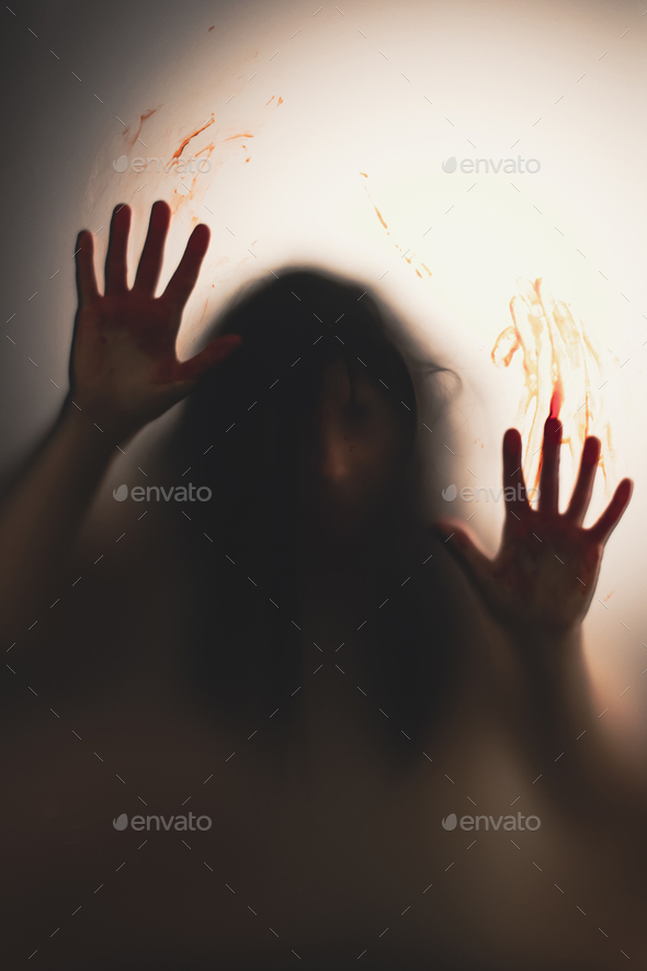 Shadowy figure with blood behind glass - horror background Stock Photo ...