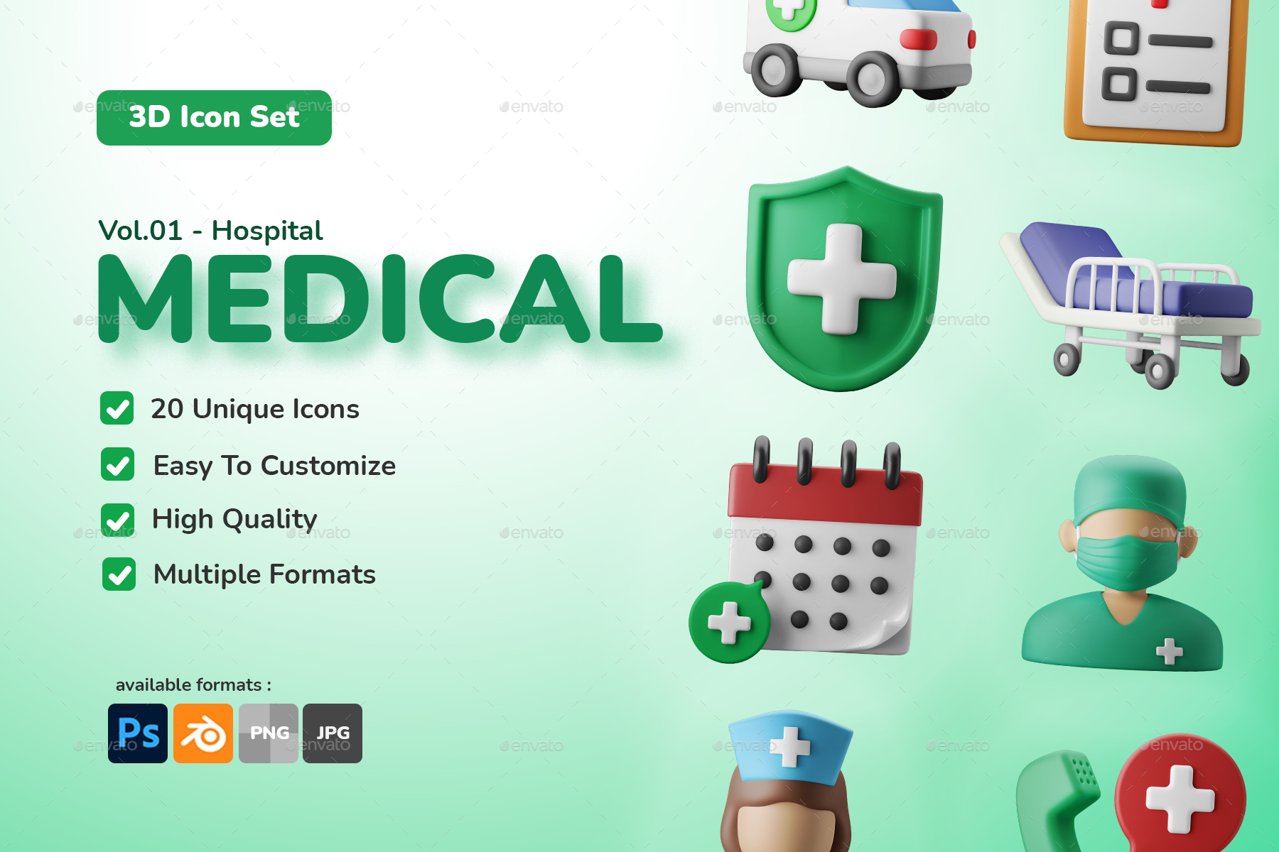 3D Icon Illustration Pack - Medical - Vol.01 - Hospital & Clinic, Icons
