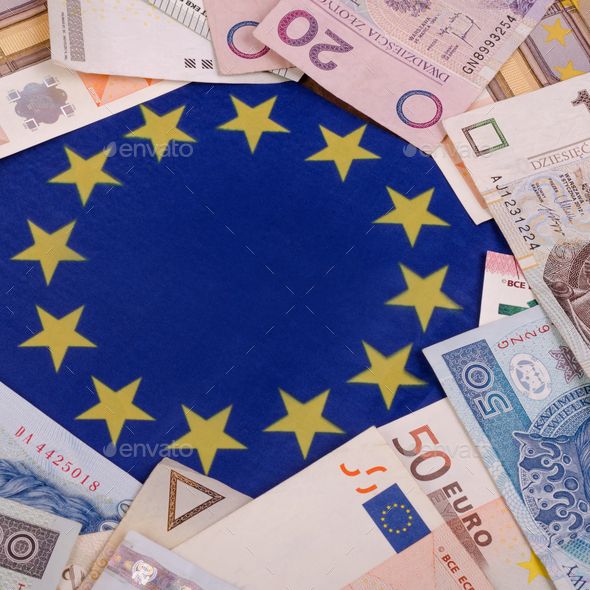 Banknotes Polish zlotys and Euros are on the heap. On the European ...
