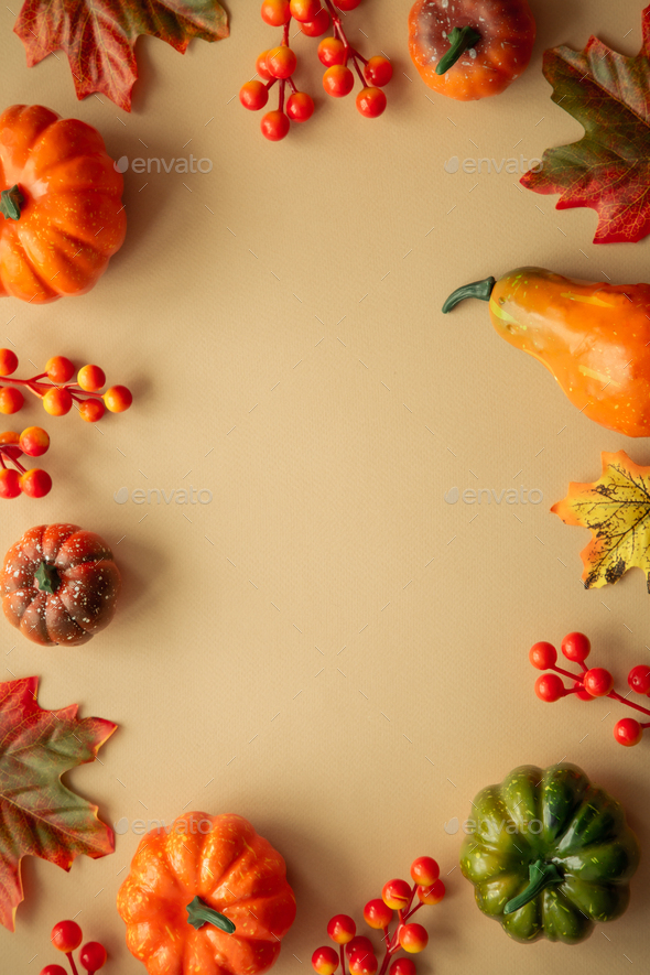 Fall autumn flat lay background. Pumpkins and fall leaves. Stock Photo ...