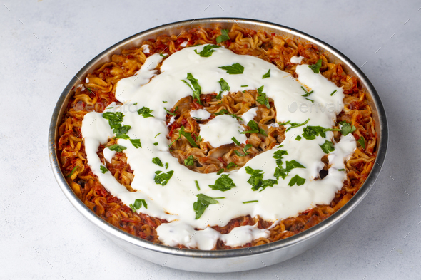 Delicious Turkish Ravioli Tepsi Manti. Turkish traditional Kayseri ...