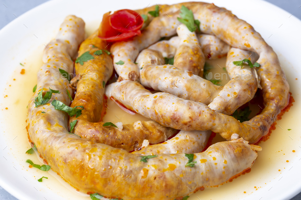 Middle Eastern dishes, offal dishes, stuffed sheep intestines (Turkish ...