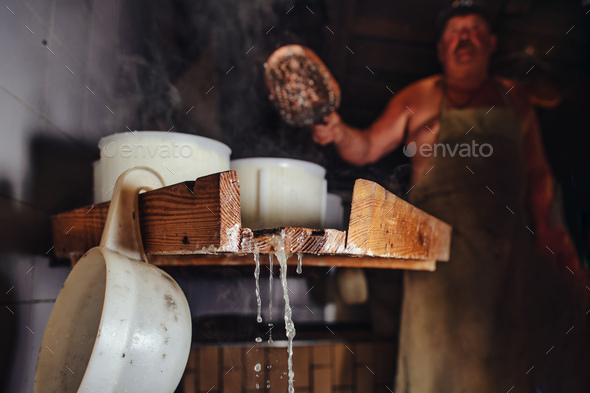 Genuine ricotta inside alpine hut in northern Italy with herdsman Stock ...