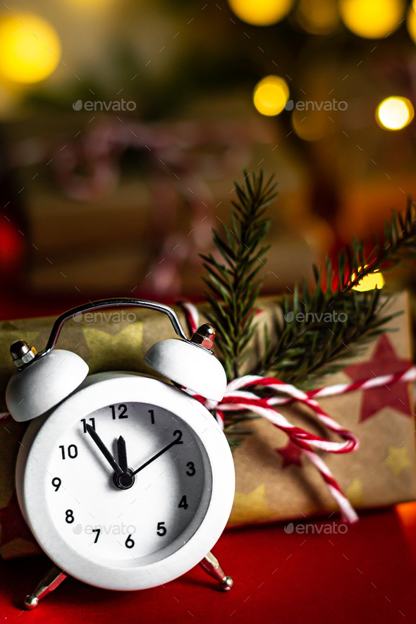 New Years Eve. Vertical greeting card happy holiday alarm clock five to ...