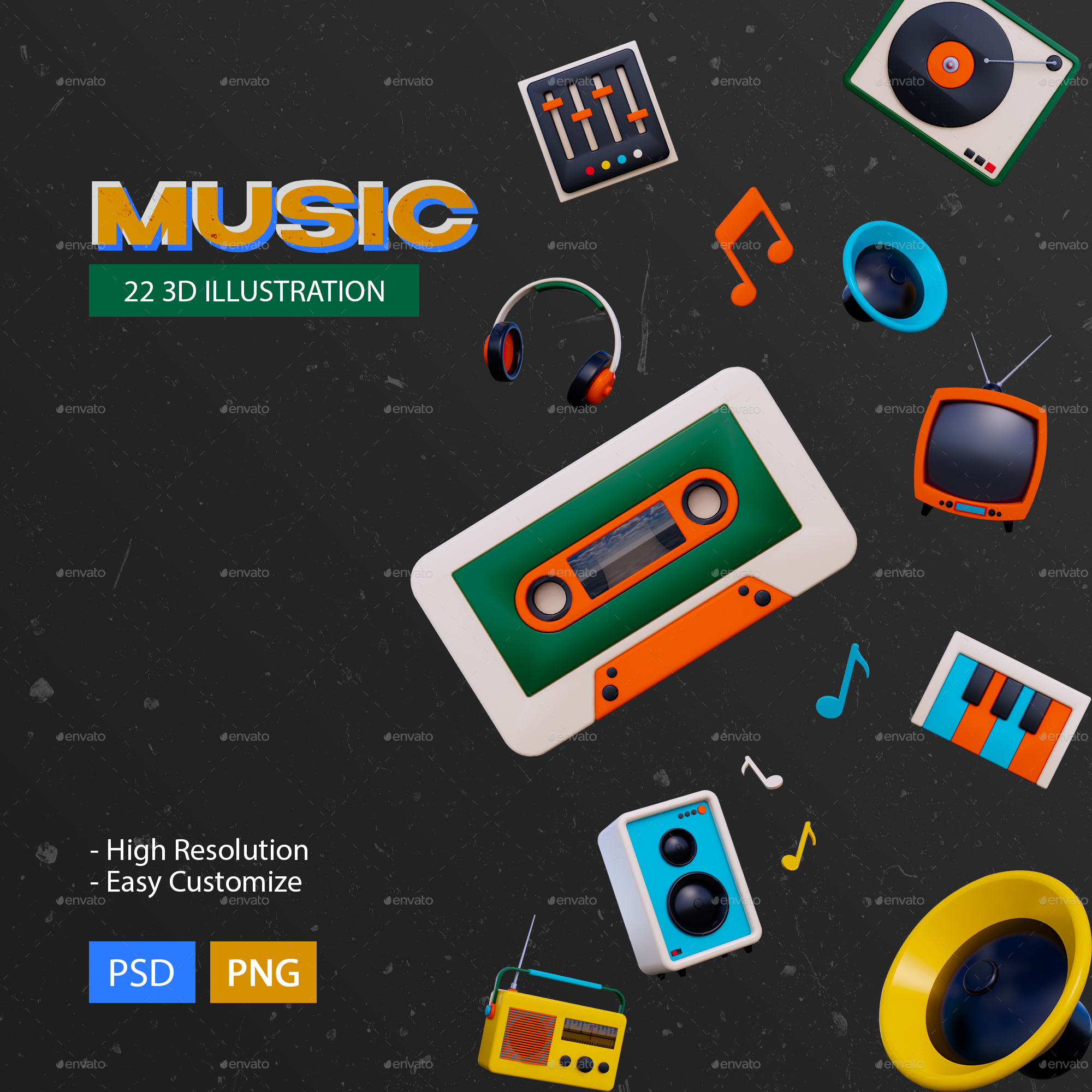 3d Music Icon Pack, Graphics | GraphicRiver