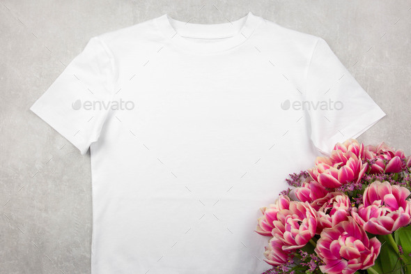 White Womens Cotton T Shirt Mockup With Pink Tulips Flowers On Gray