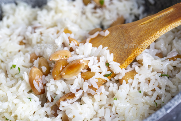 Traditional delicious Turkish food; Almond rice pilaf (Turkish name ...