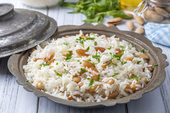 Traditional delicious Turkish food; Almond rice pilaf (Turkish name ...