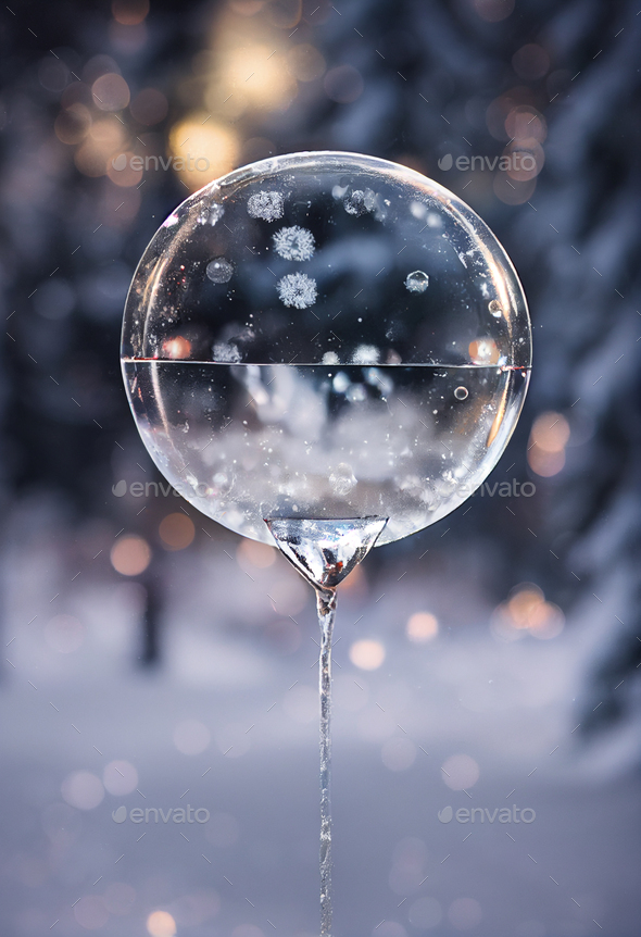 Closeup on a frozen bubble with snowflakes,frozen soap bubble.winter ...