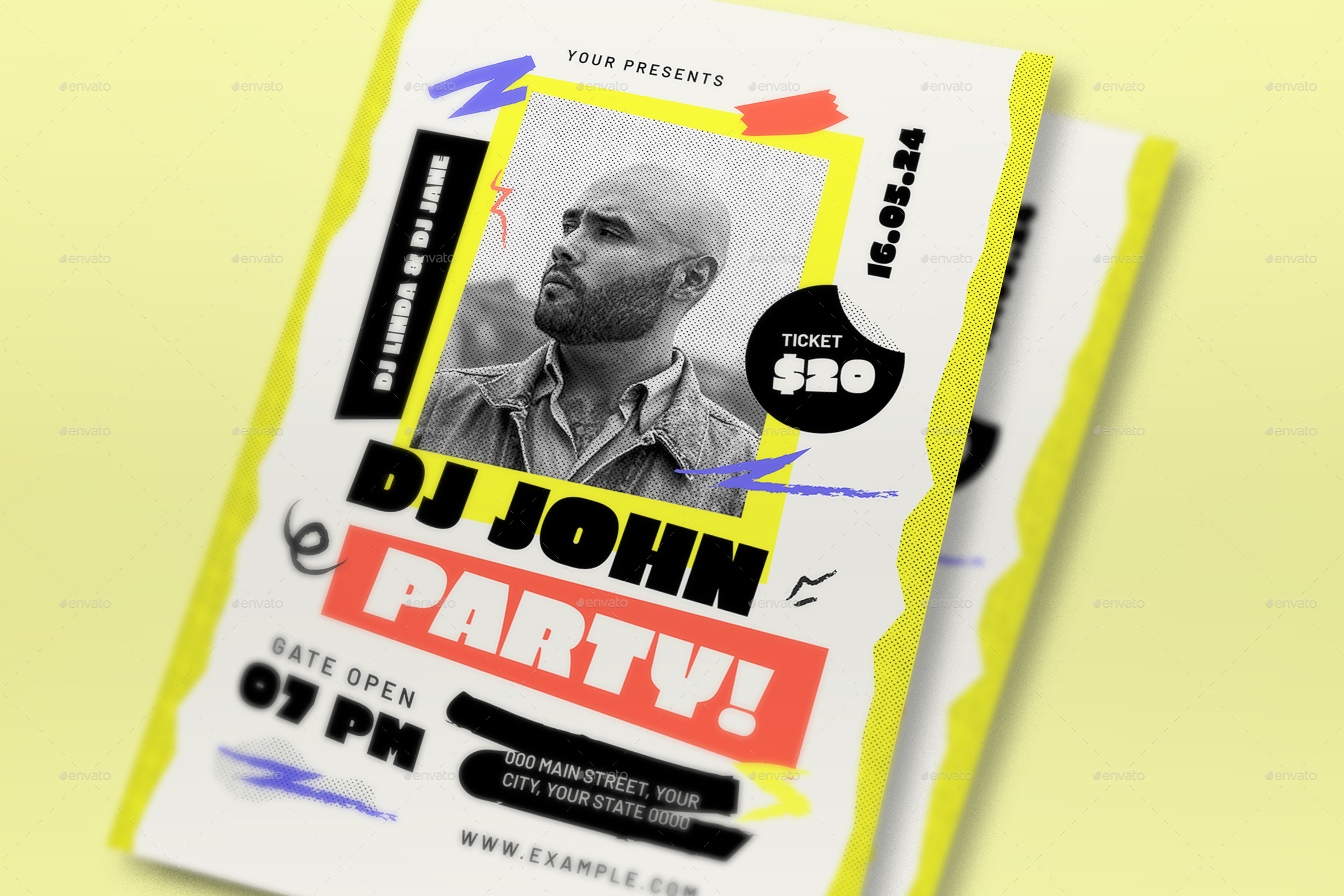 Yellow Scribble DJ Party Flyer Set, Print Templates | GraphicRiver