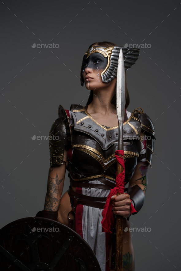 Ancient amazon with shield and spear against gray background Stock ...