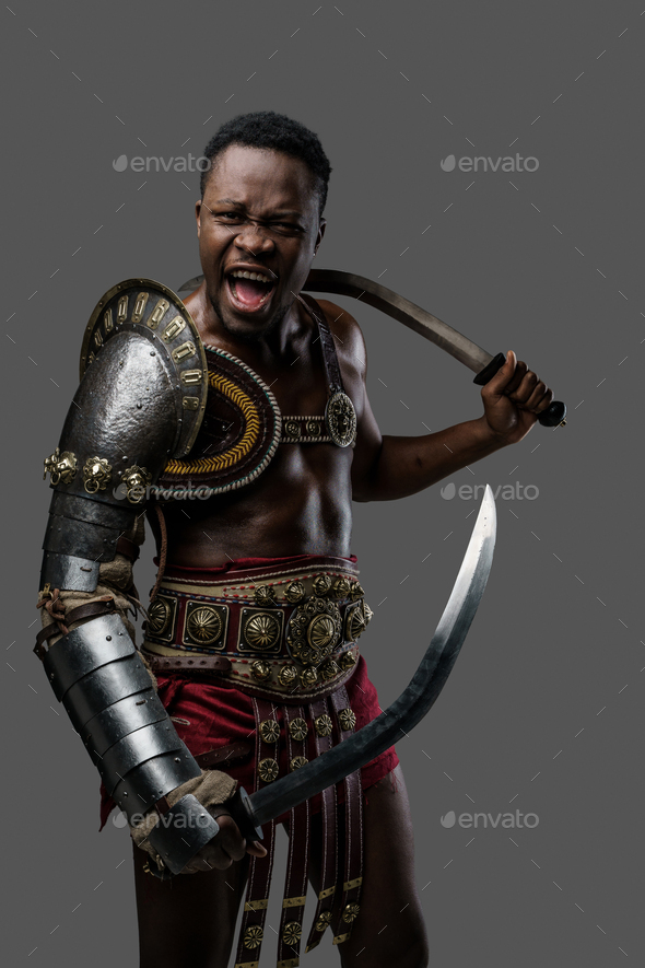 Furious black gladiator with dual swords against gray background Stock ...