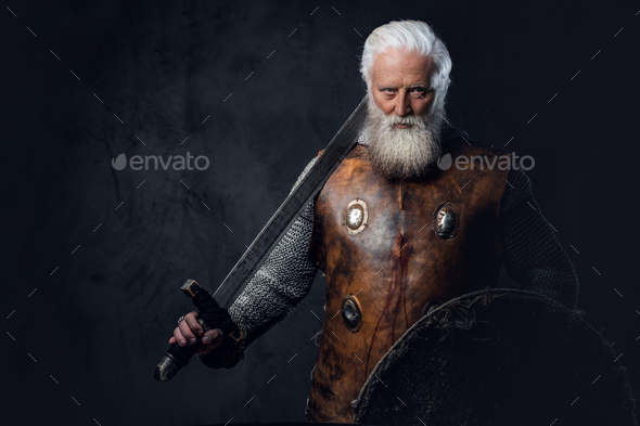 Glorious elderly crusader with shield and sword dressed in armor Stock ...
