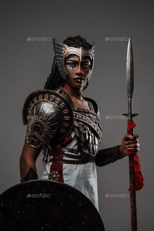Woman warrior with shield and spear isolated on grey Stock Photo by ...